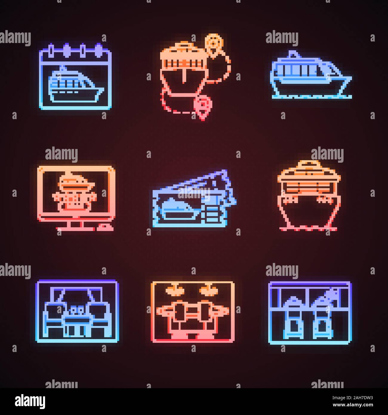 Cruise neon light icons set. Summer voyage. Cruise ships, trip routes ...