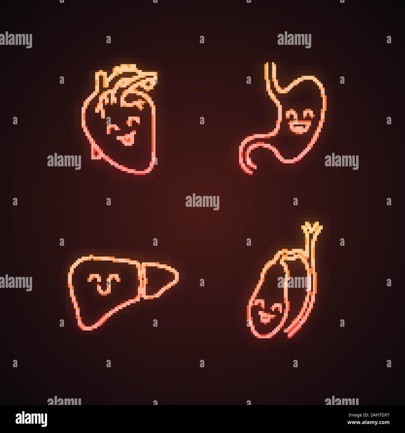 Smiling human internal organs neon light icons set. Happy heart ...