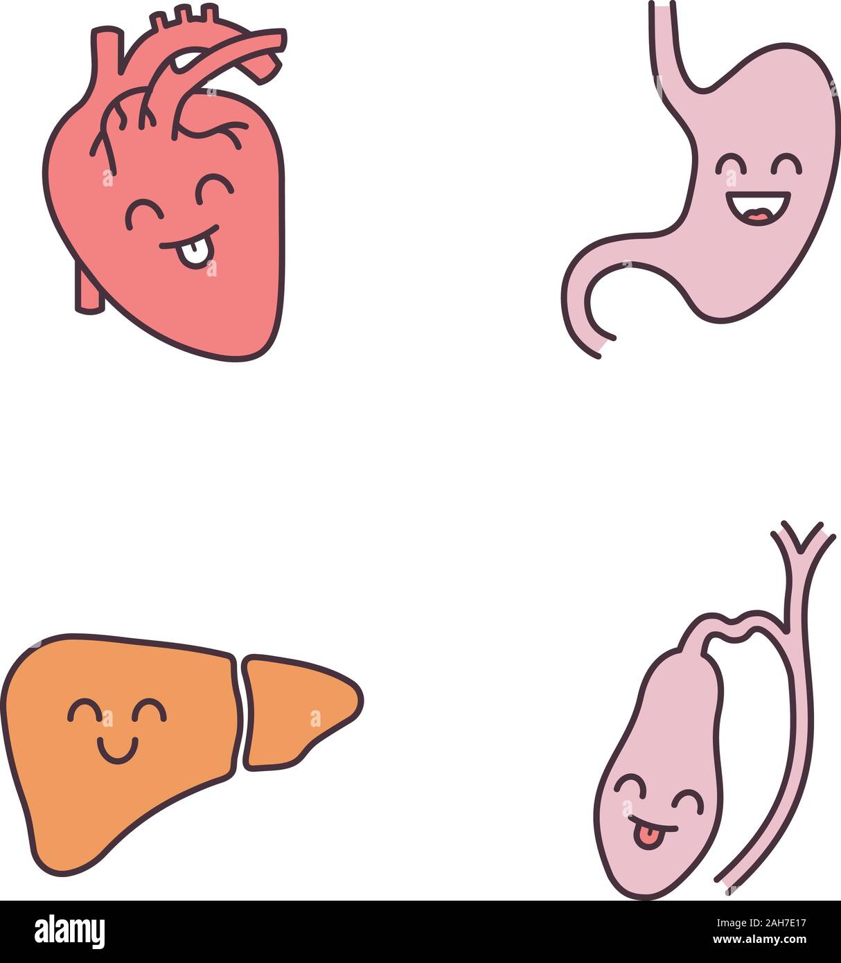 Smiling human internal organs color icons set. Happy heart, stomach ...