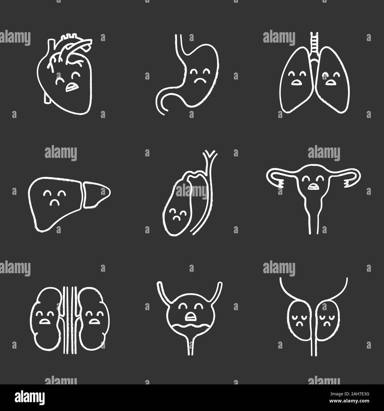 Sad human internal organs chalk icons set. Respiratory, urinary ...