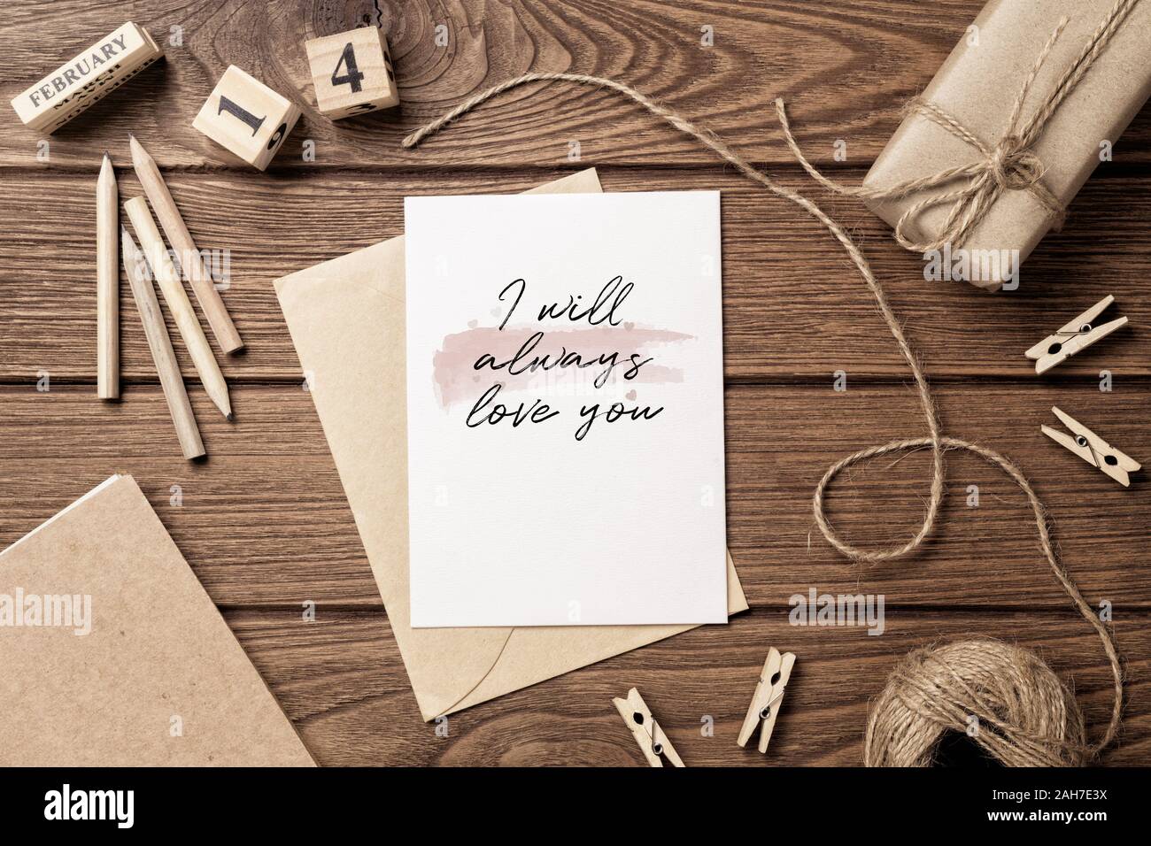 Mockup letter and envelop on wood with I will always love you always ...