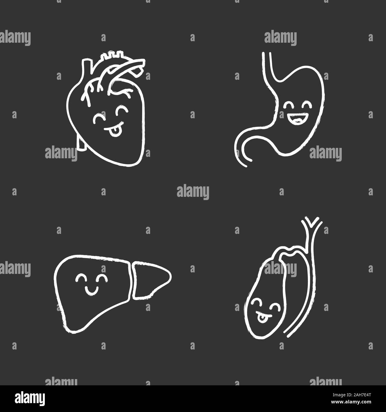 Smiling human internal organs chalk icons set. Happy heart, stomach ...