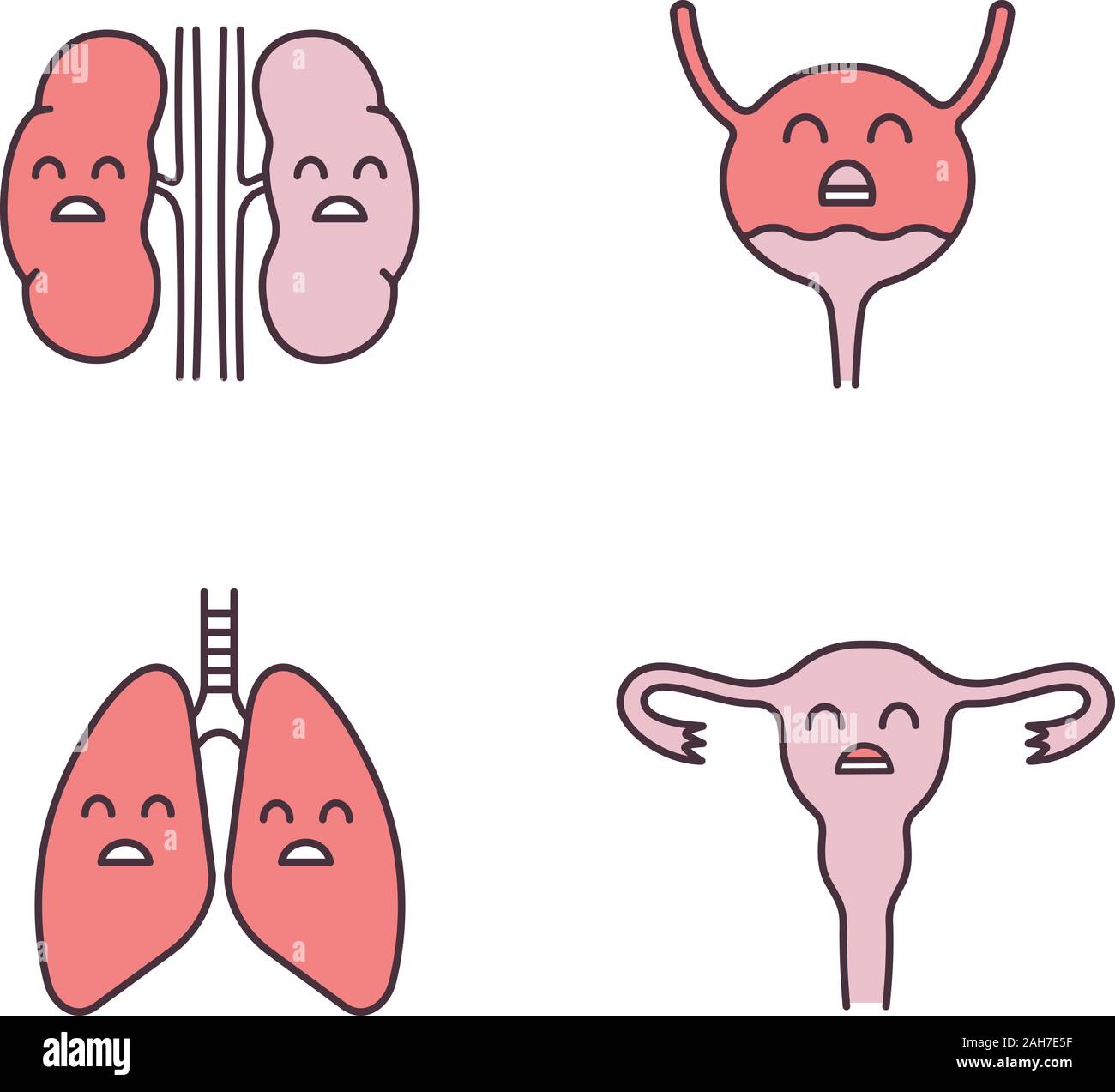 Sad human internal organs color icons set. Unhappy kidneys, urinary ...