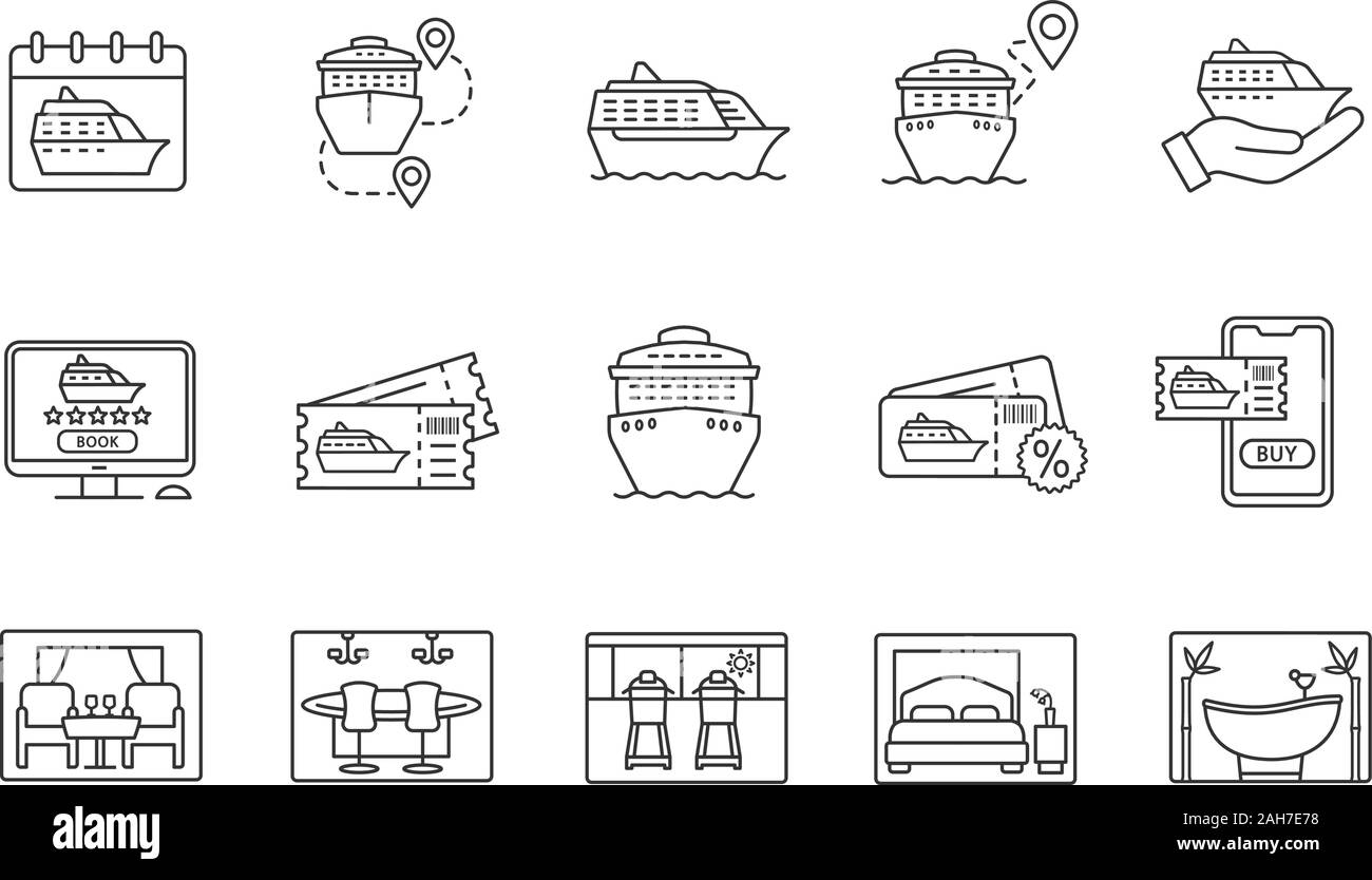 Cruise linear icons set. Services, tickets booking, ships. Summer ...