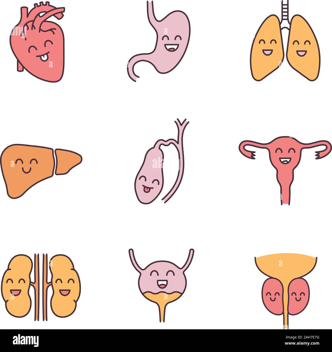 Smiling human internal organs color icons set. Respiratory, urinary ...