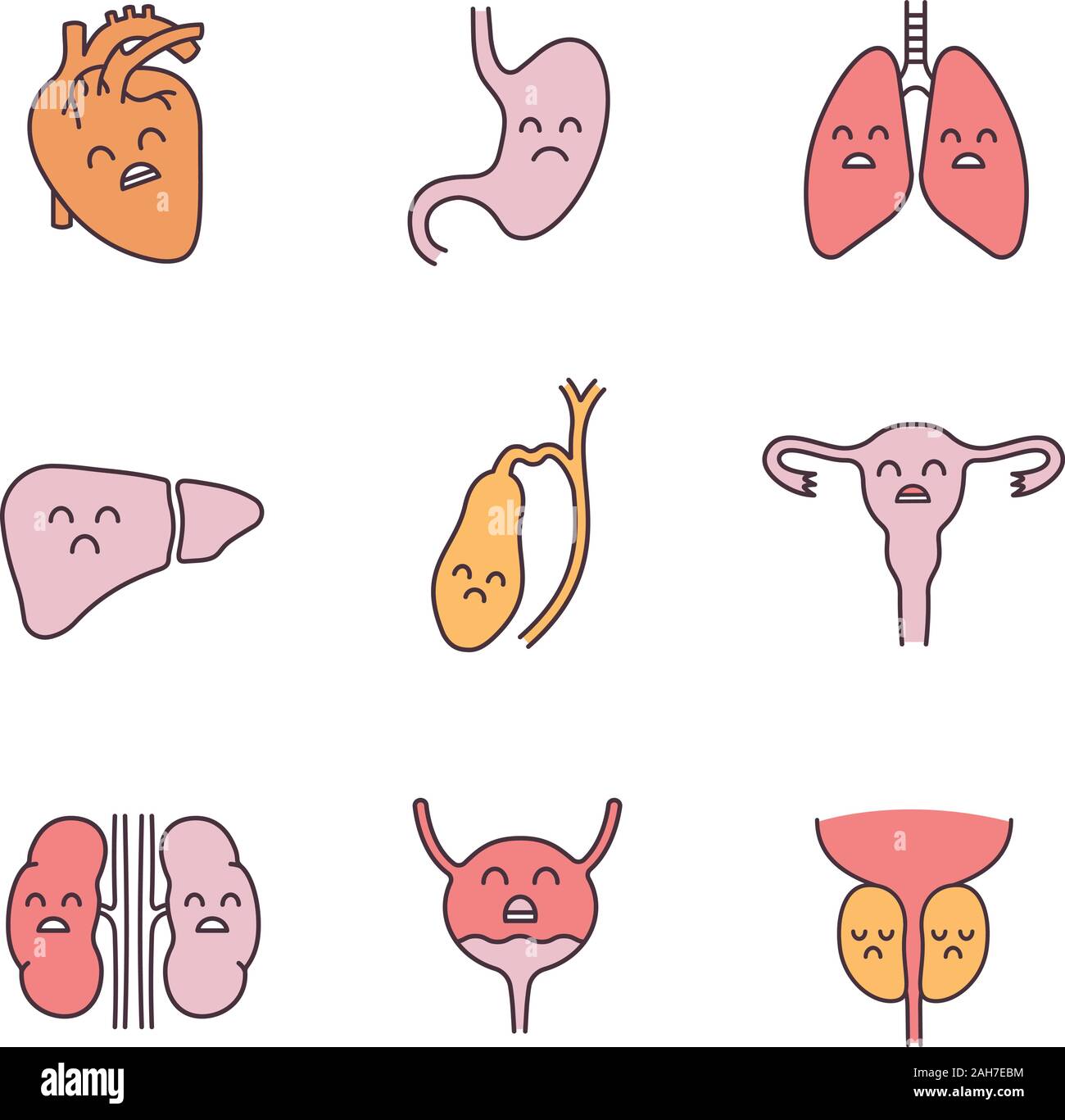 Sad human internal organs color icons set. Respiratory, urinary ...