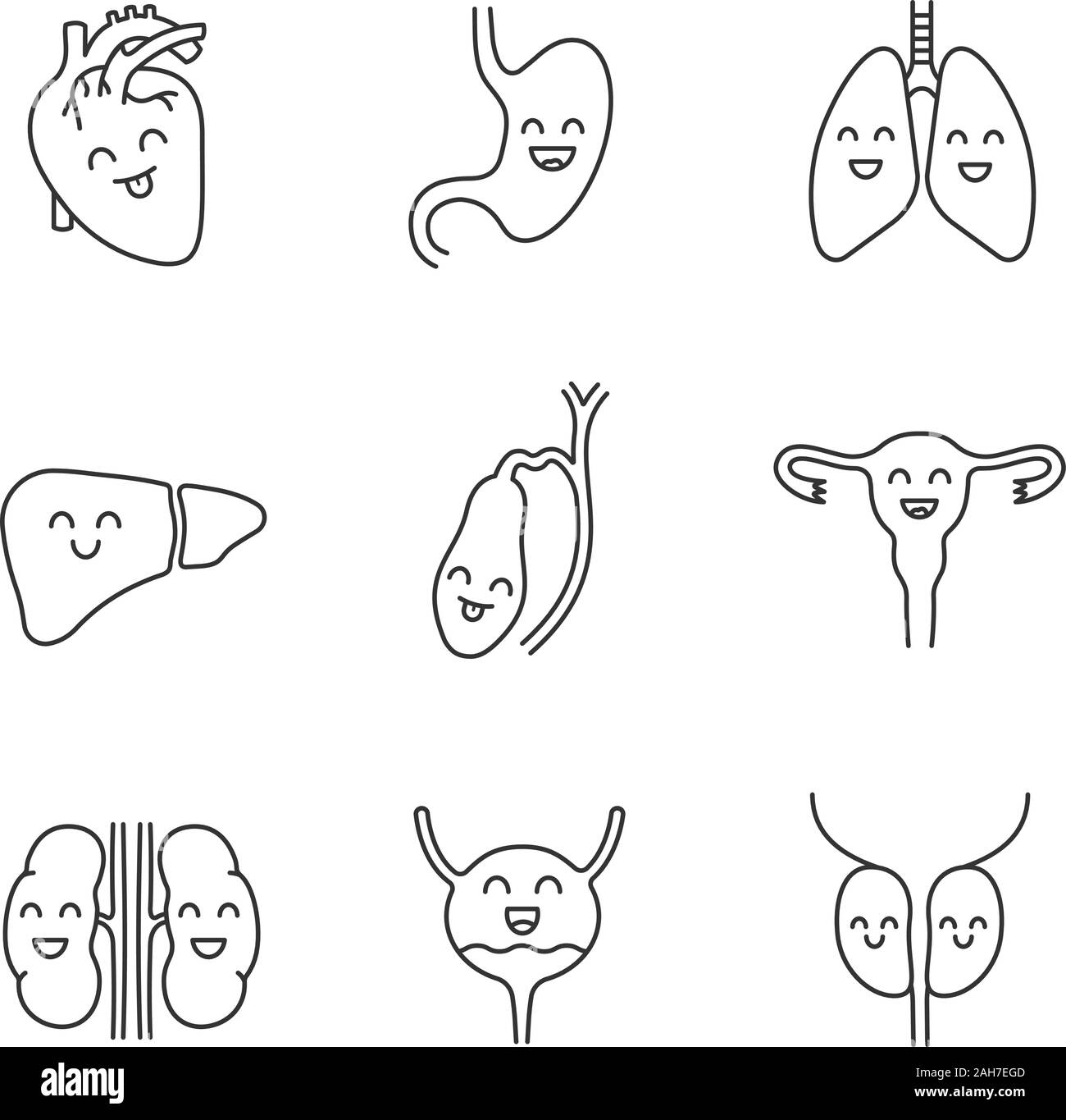 Smiling human internal organs linear icons set. Thin line contour ...