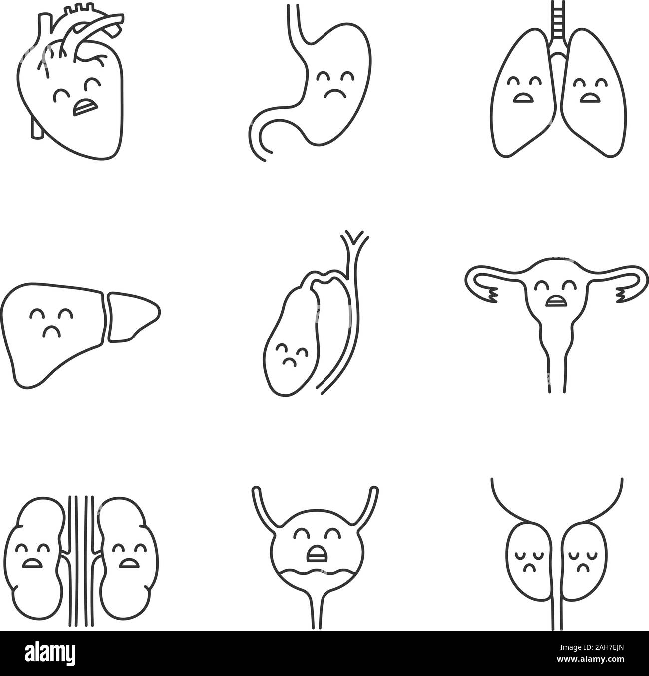 Sad human internal organs linear icons set. Thin line contour symbols ...