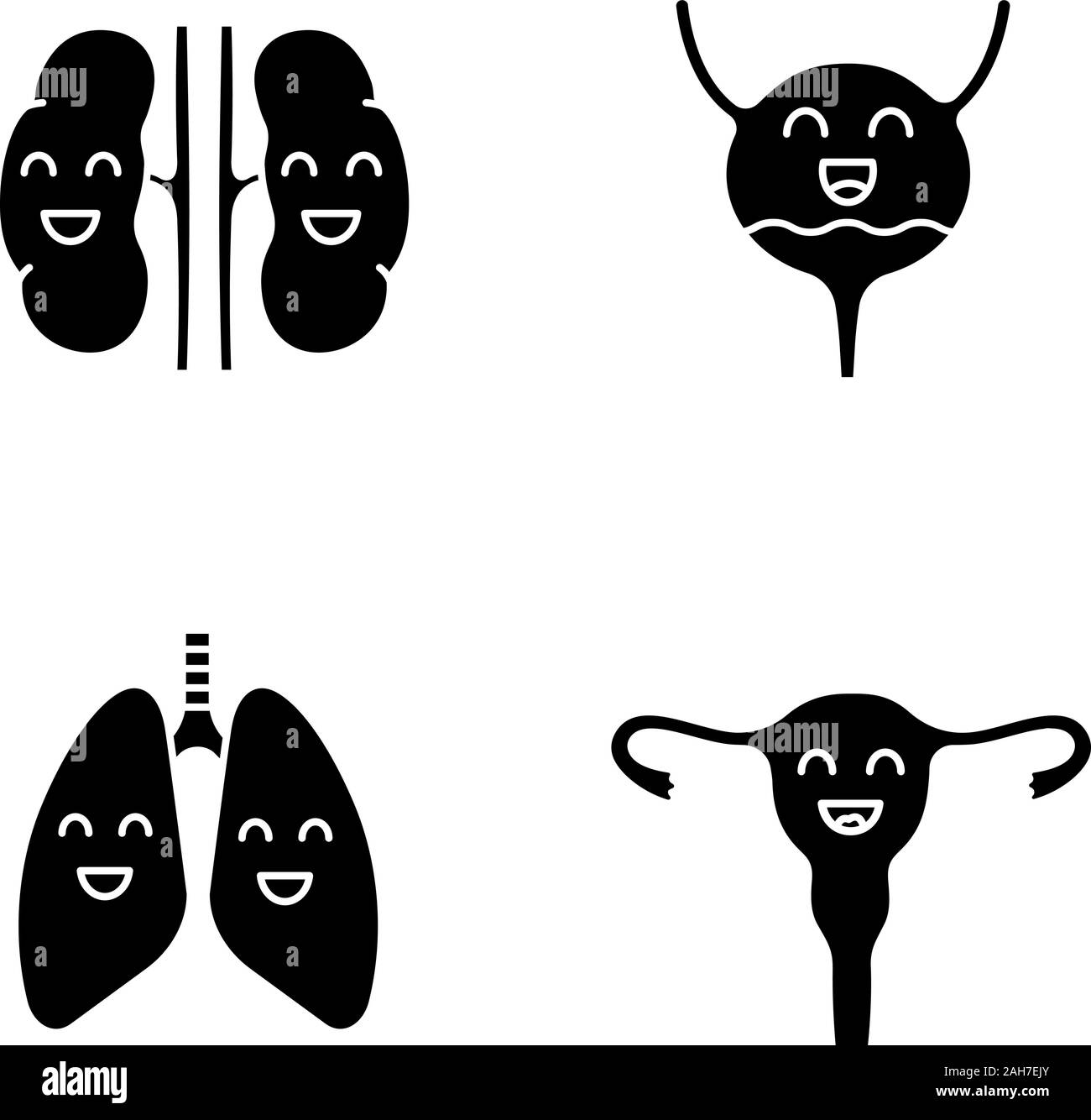 Smiling human internal organs glyph icons set. Happy kidneys, urinary ...