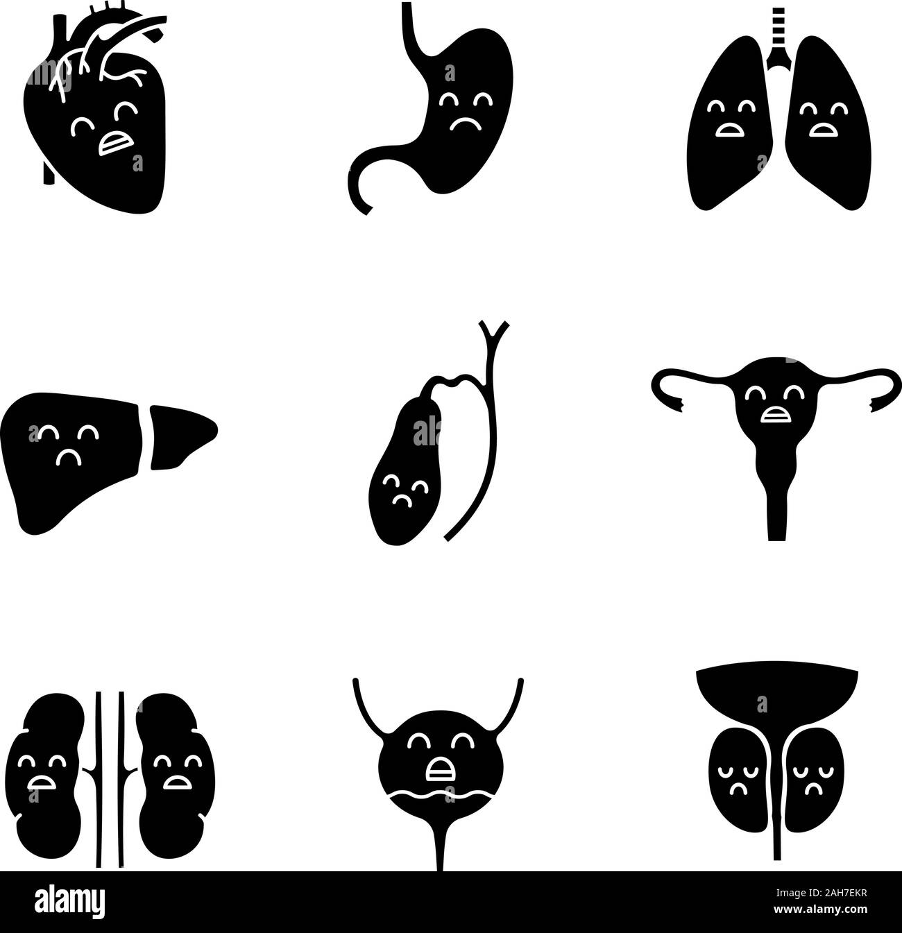 Sad human internal organs glyph icons set. Respiratory, urinary ...
