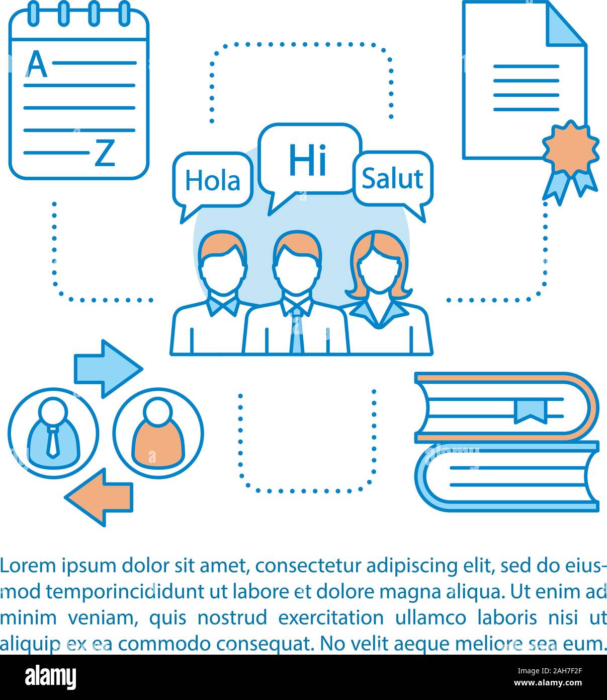 Language learning concept linear illustration. Article, brochure ...