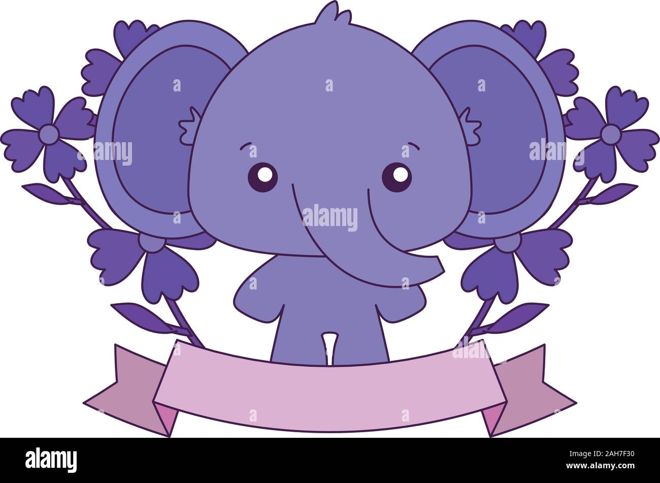 elephant cartoon with flowers and ribbon design, Kawaii expression cute ...