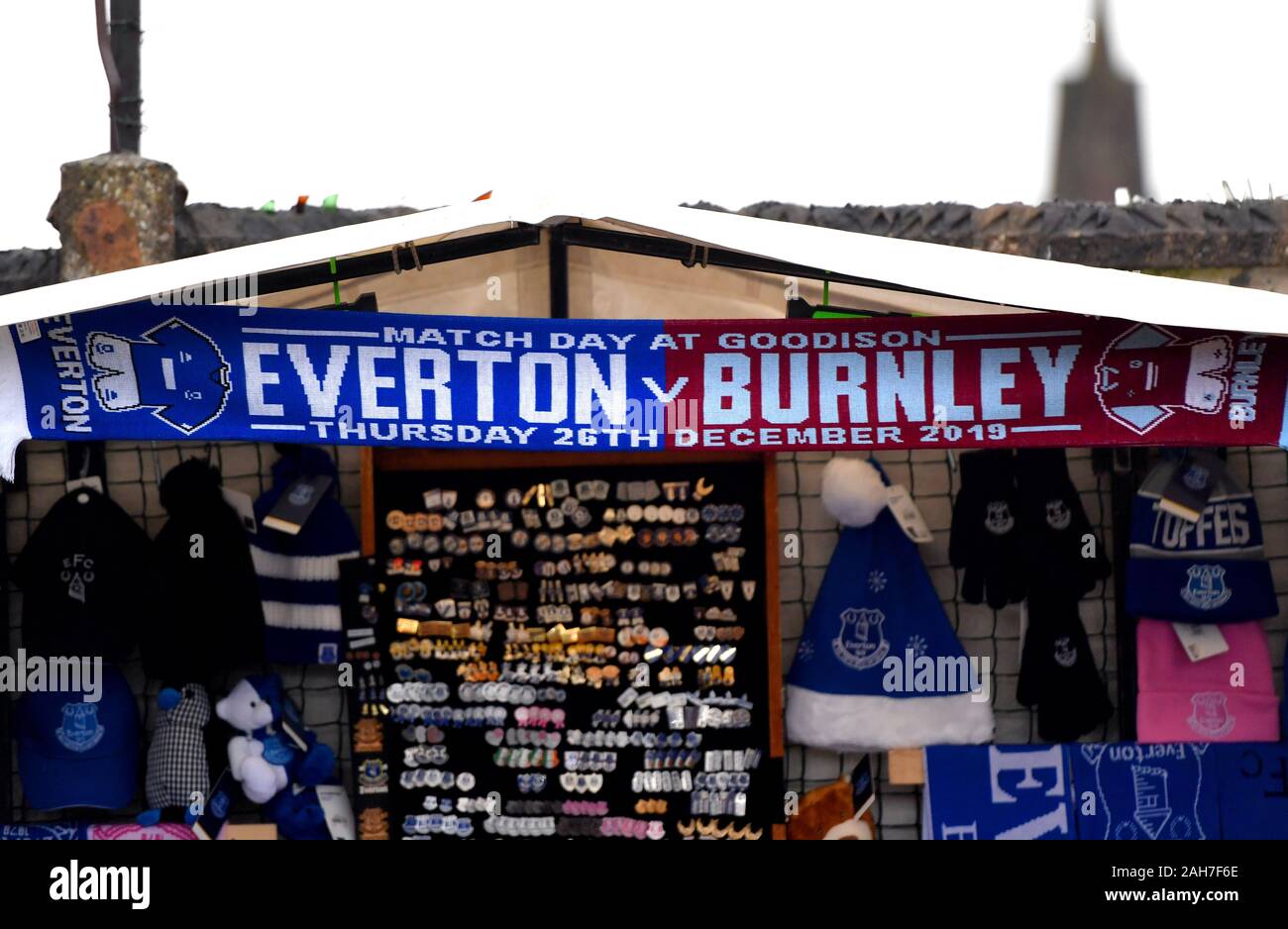 A general view of merchandise for sale at a stall outside the grounds ...