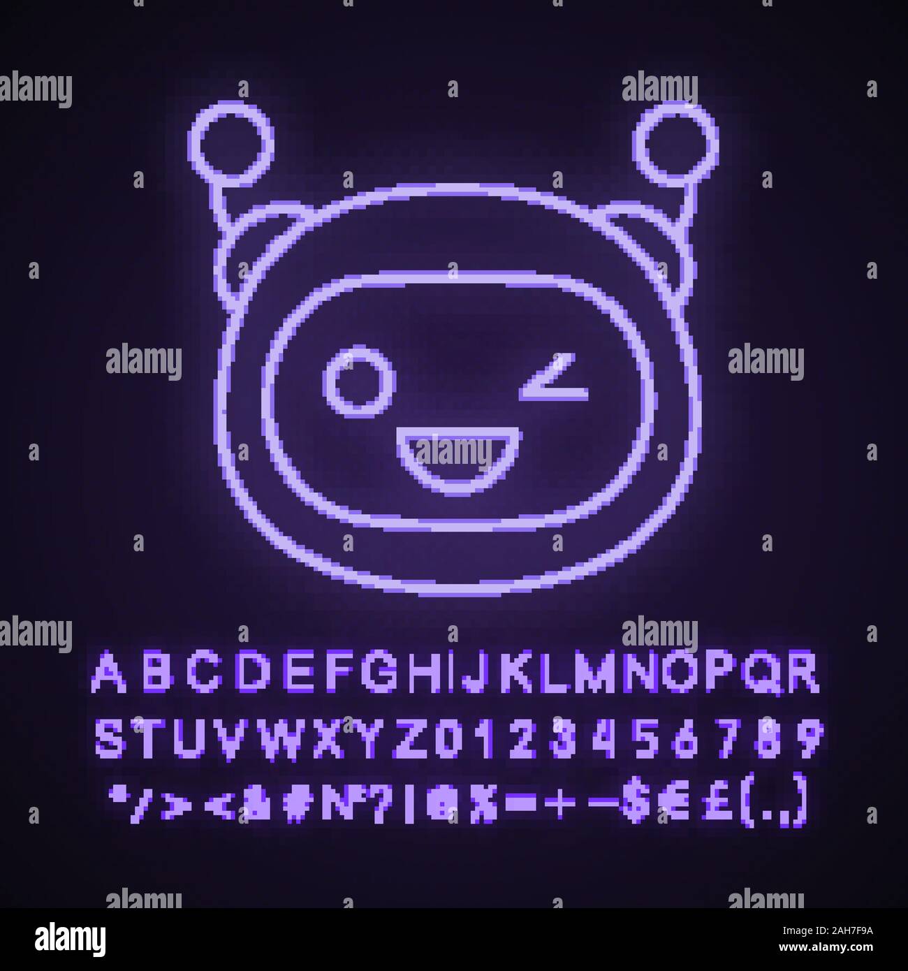 Winking robot emoji neon light icon. Happy and funny chatbot smiley ...