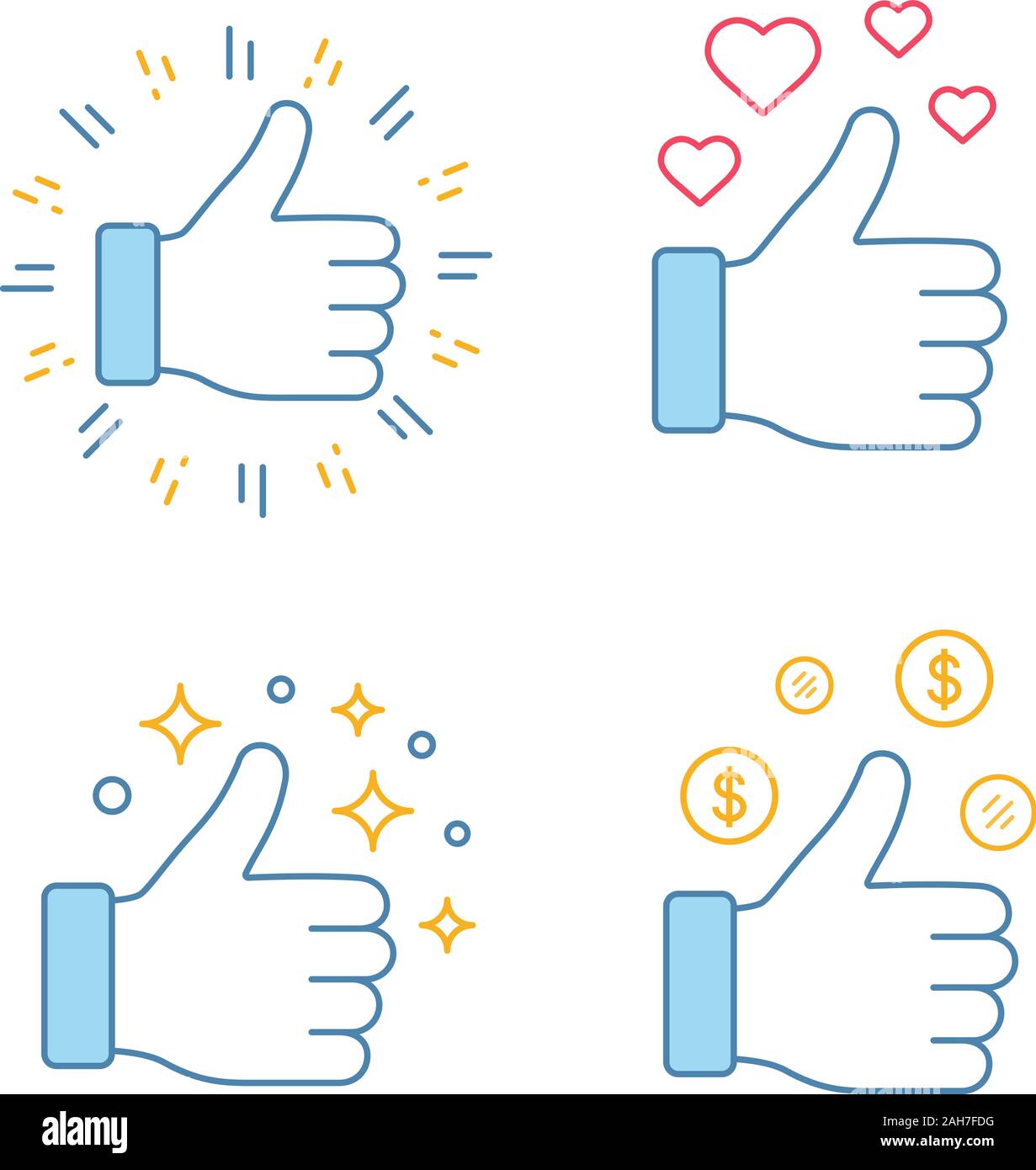Like color icons set. Thumbs up, financial success. Good, nice, ok hand gestures. Social media ...