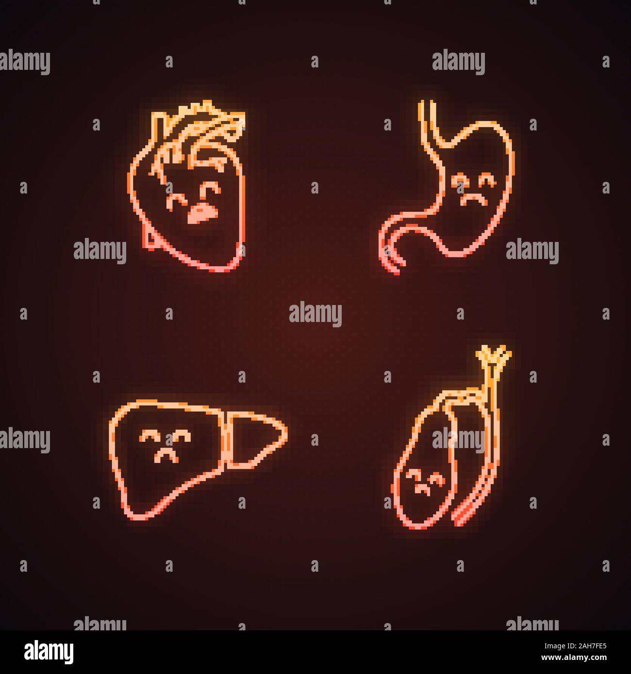 Sad human internal organs neon light icons set. Unhappy heart, stomach ...
