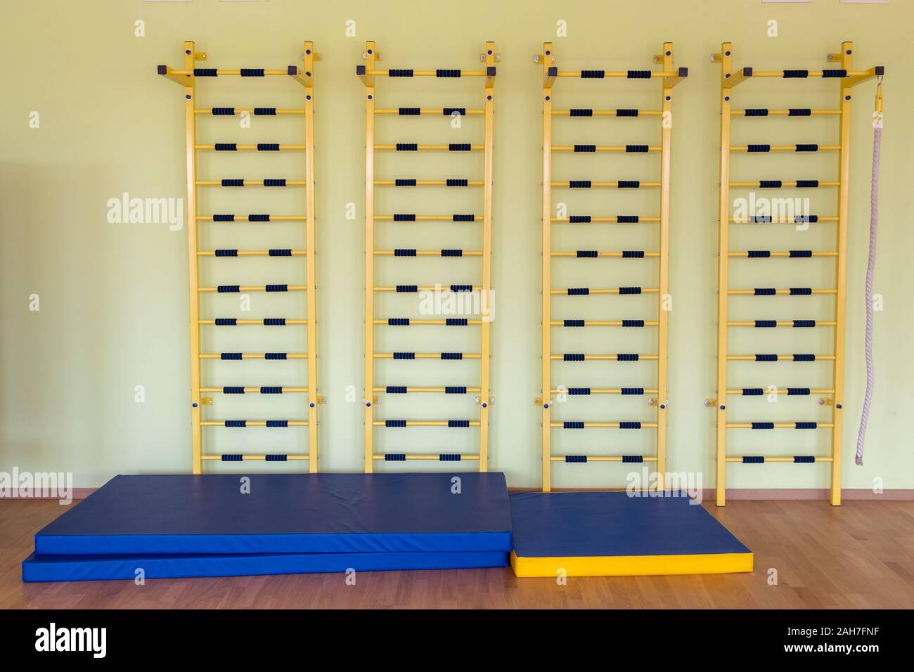 A wall with ladder bar for fitness training inside sports gym room in a ...