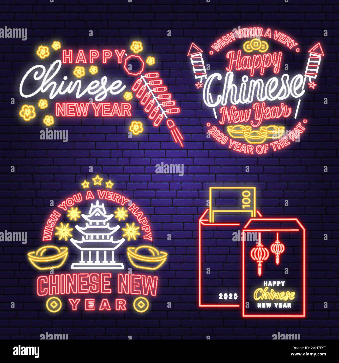 Set of happy Chinese New Year neon greetings card, flyers, poster in ...