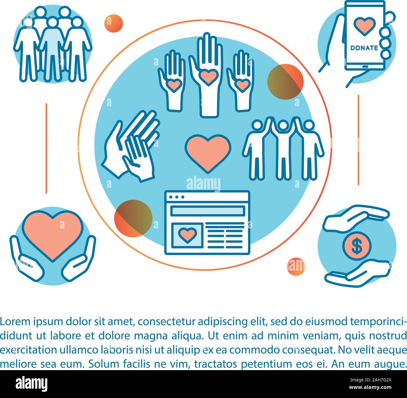 Volunteering concept linear illustration. Charity. Humanitarian help ...