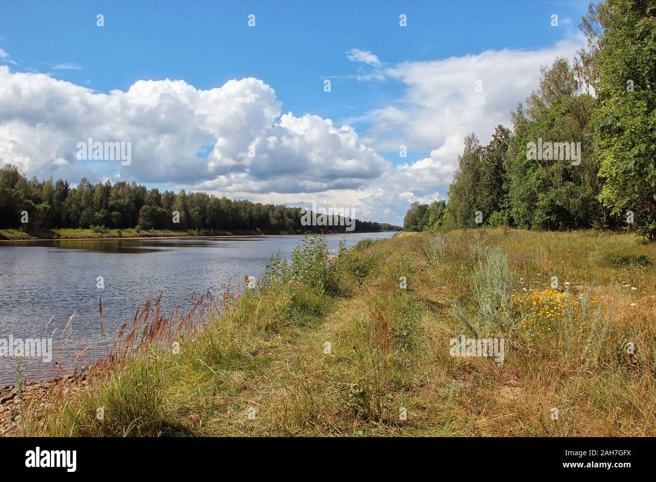 Beautiful landscape with river view. Sunny weather with blue sky and ...