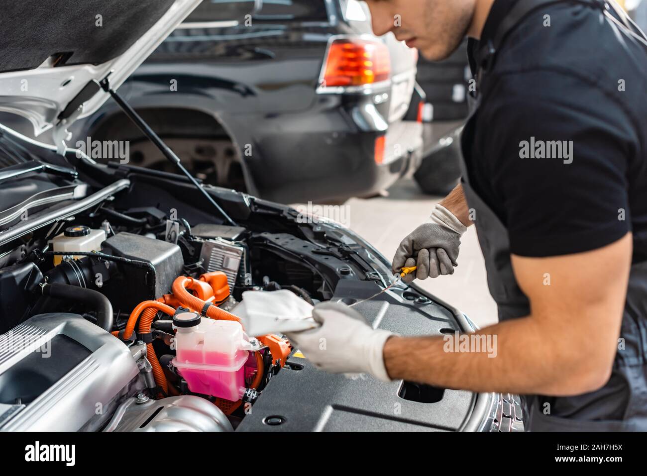 partial view of mechanic wiping oil dipstick with rag near car engine ...