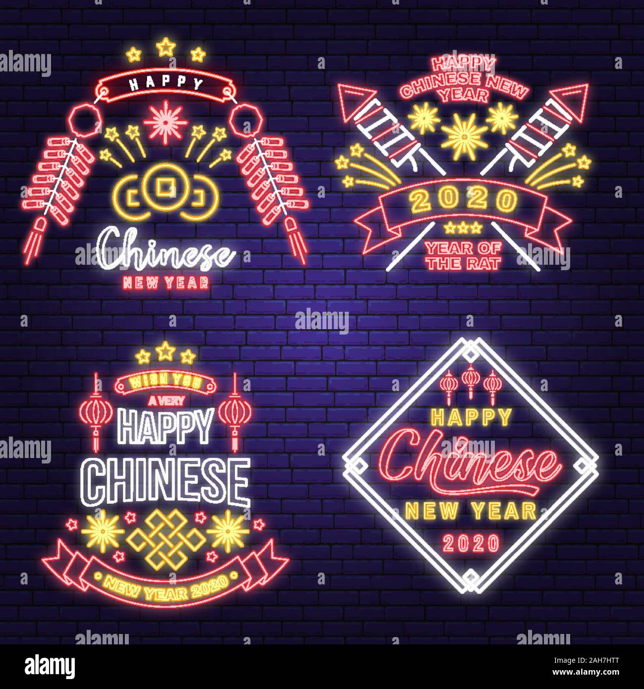 Set of happy Chinese New Year neon greetings card, flyers, poster in ...