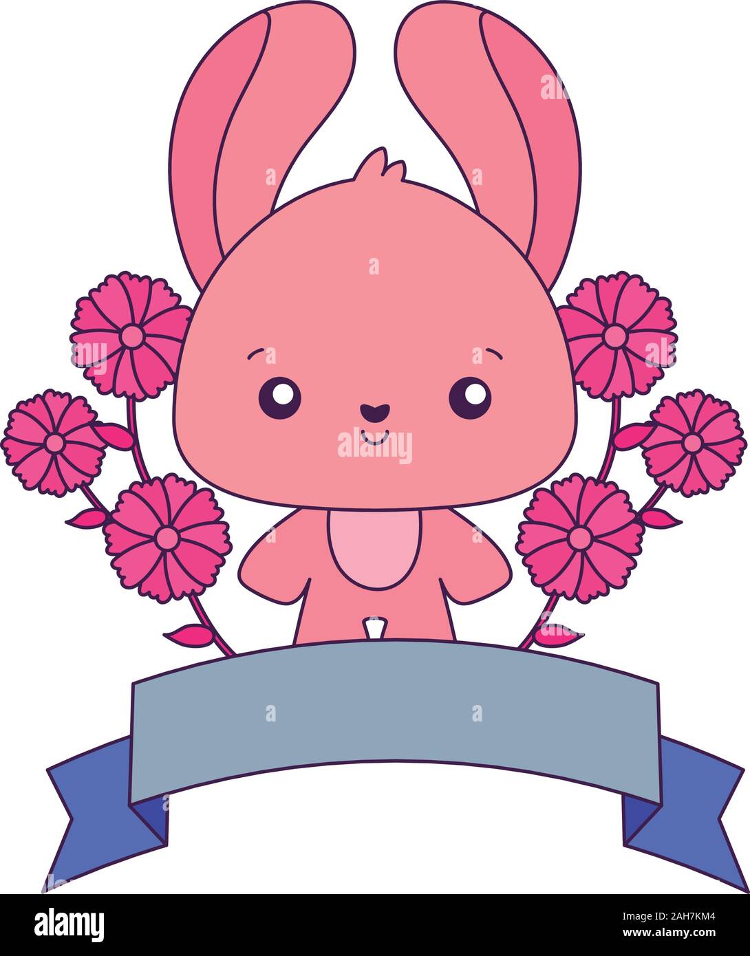 rabbit cartoon with flowers and ribbon design, Kawaii expression cute ...