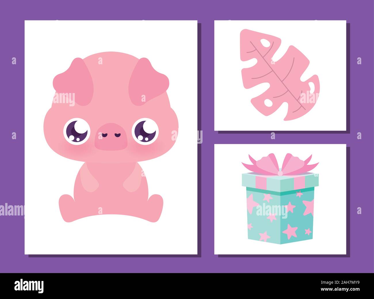 pig cartoon and icon set design, Happy birthday card celebration ...