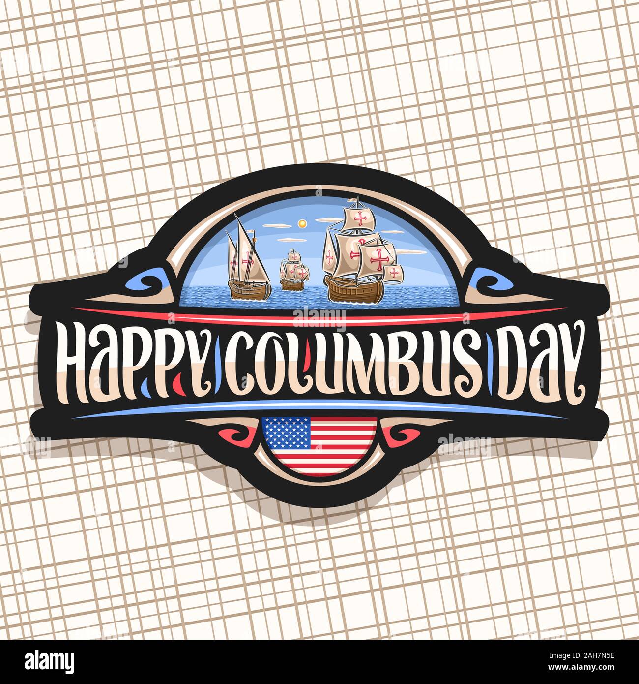 Vector logo for Columbus Day, dark decorative sticker with illustration ...