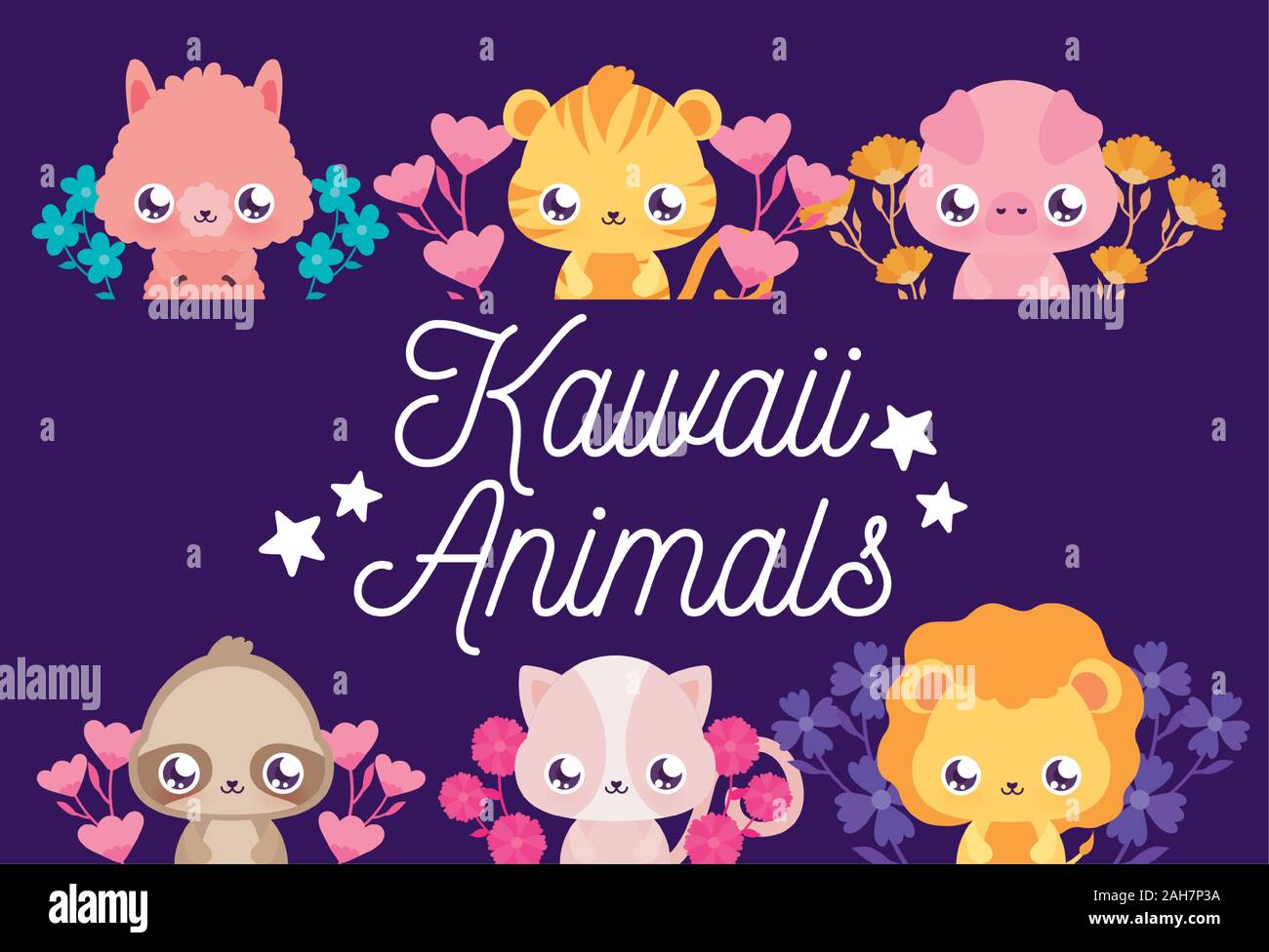 animals cartoons and flowers design, Kawaii expression cute character ...
