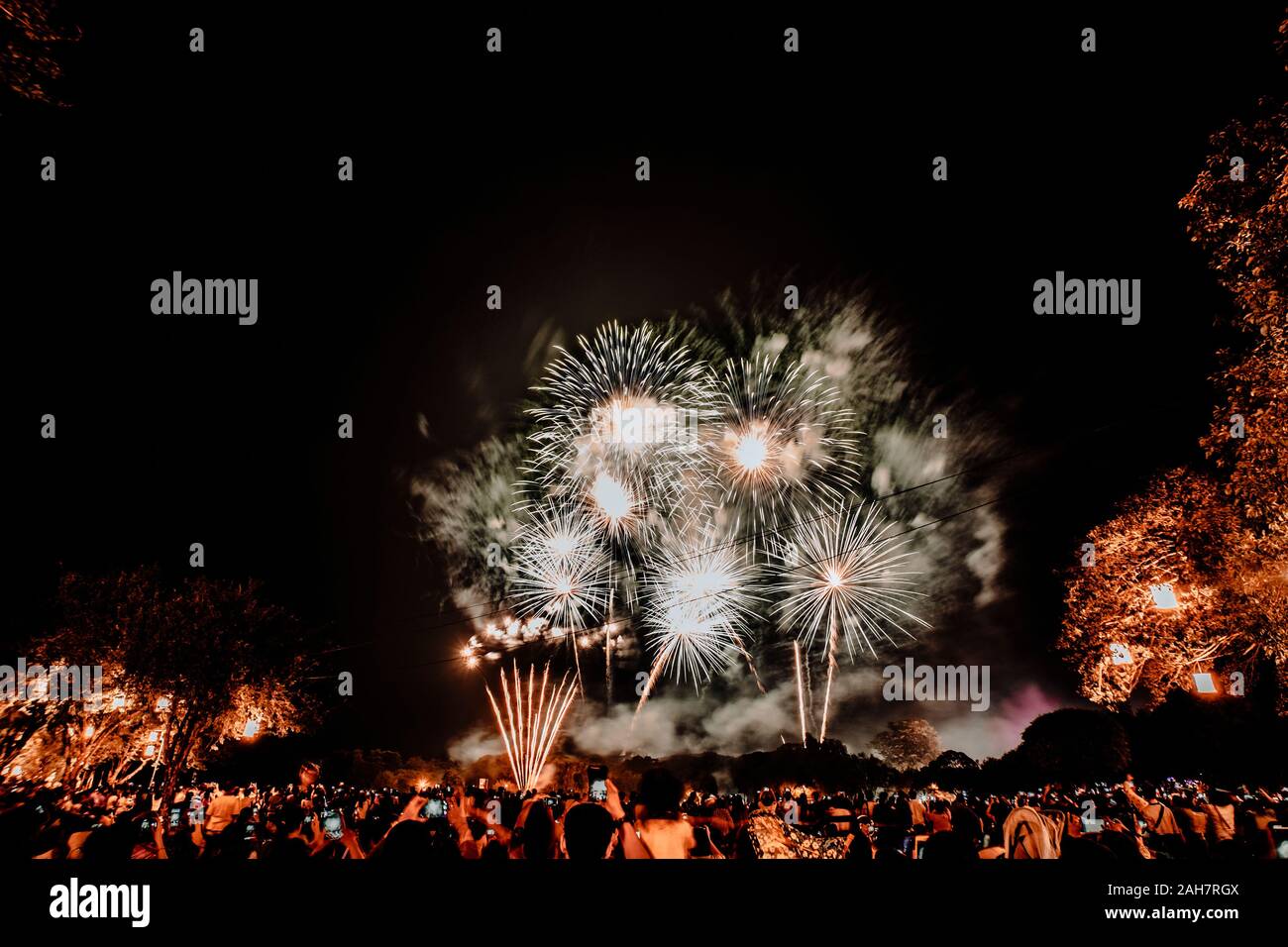 Group of people watching fireworks and using cellphones to record event ...