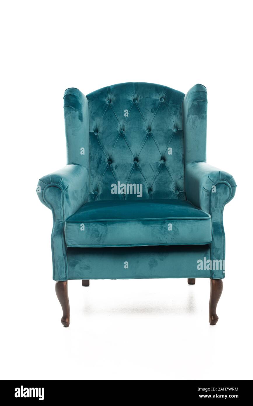 Modern turquoise armchair isolated on white Stock Photo - Alamy