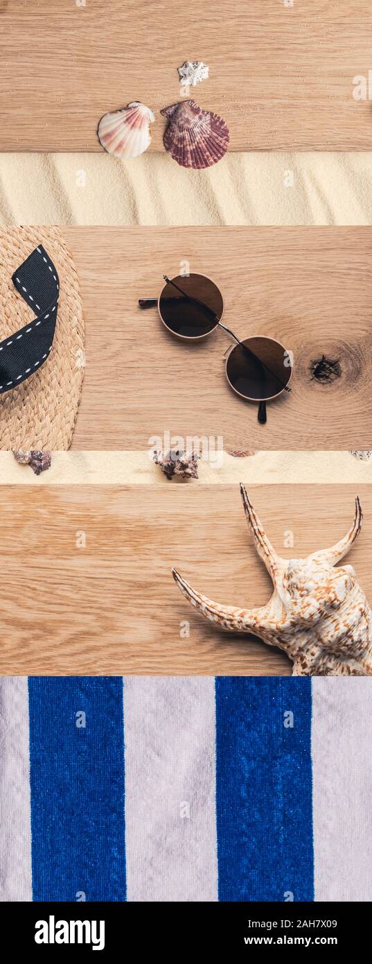 collage of striped towel, sunglasses, straw hat, seashells on wooden ...