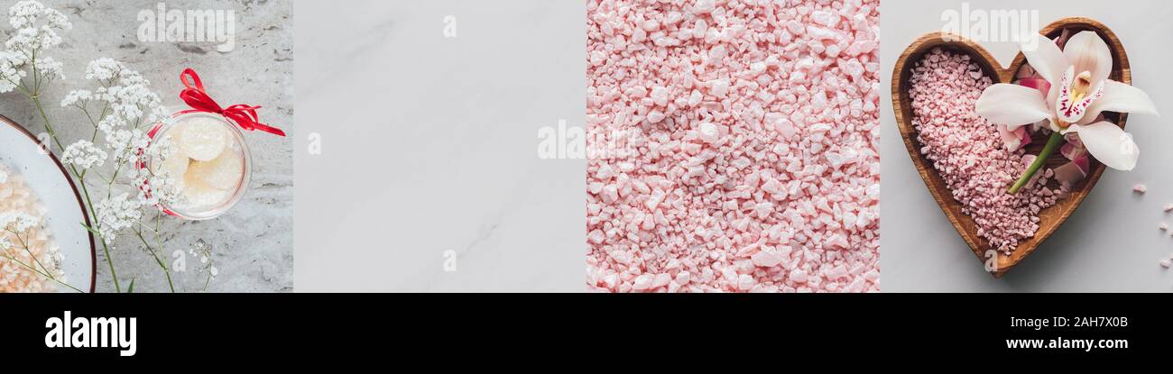 collage of sugar scrub balls, pink bath salt with lily on white marble ...