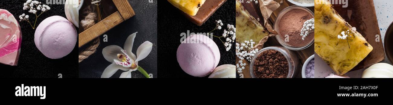 collage of organic bath salt, bath bombs and colorful soap near flowers ...
