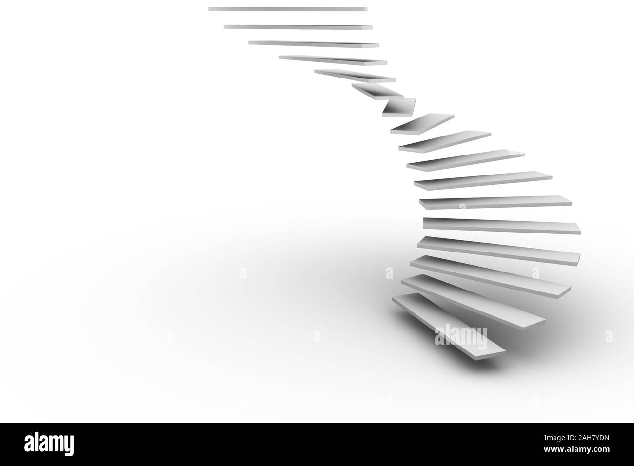 A floating 3D illustrated minimalist spiral staircase over a bright ...