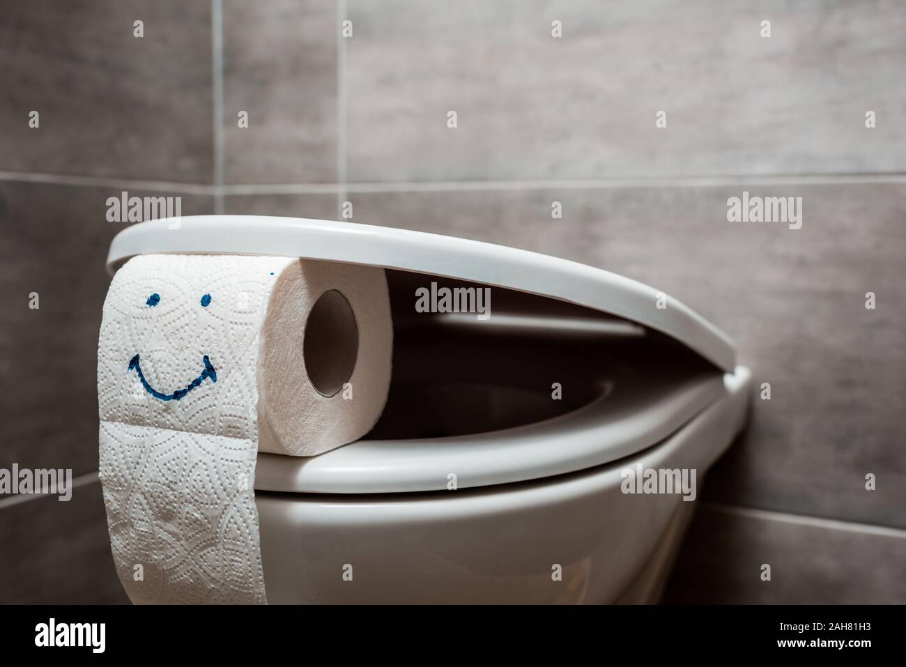 close up view of ceramic clean toilet bowl and toilet paper with smiley ...