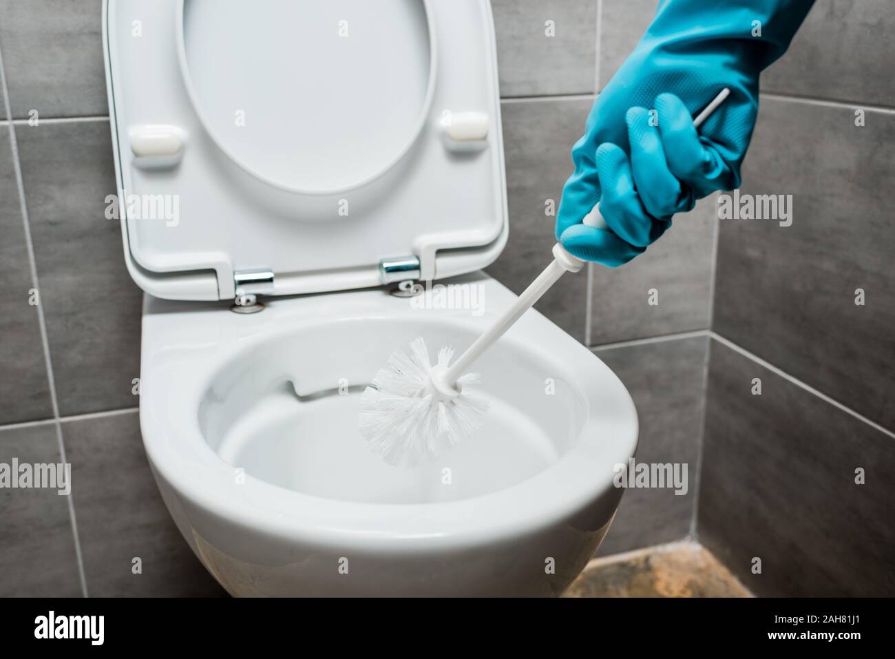 cropped view of cleaner cleaning ceramic toilet bowl with toilet brush ...