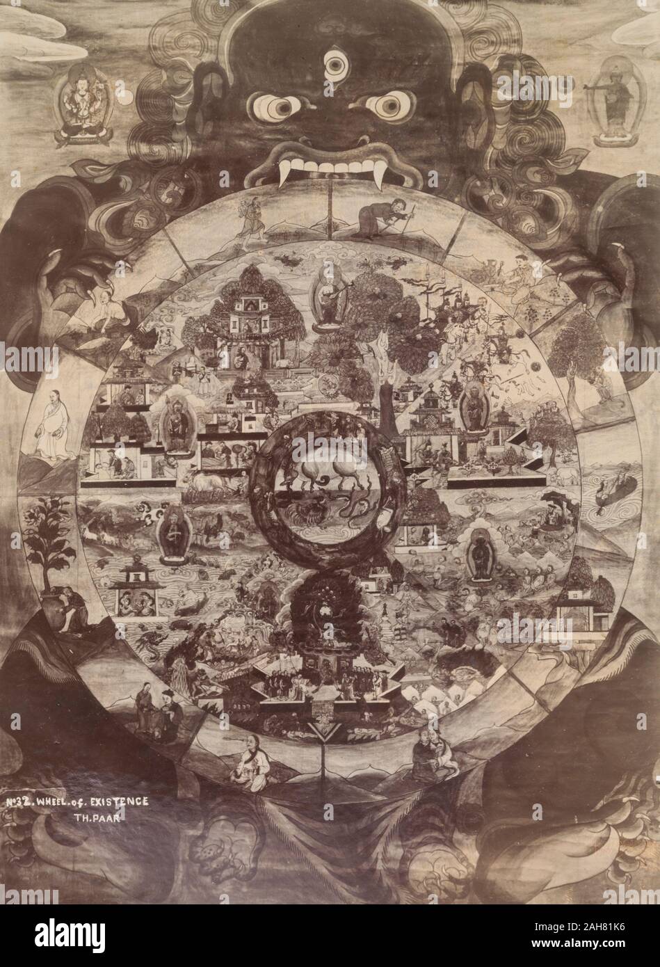 India, Close-up shot of a 'wheel of existence' painting. In the dharmic ...