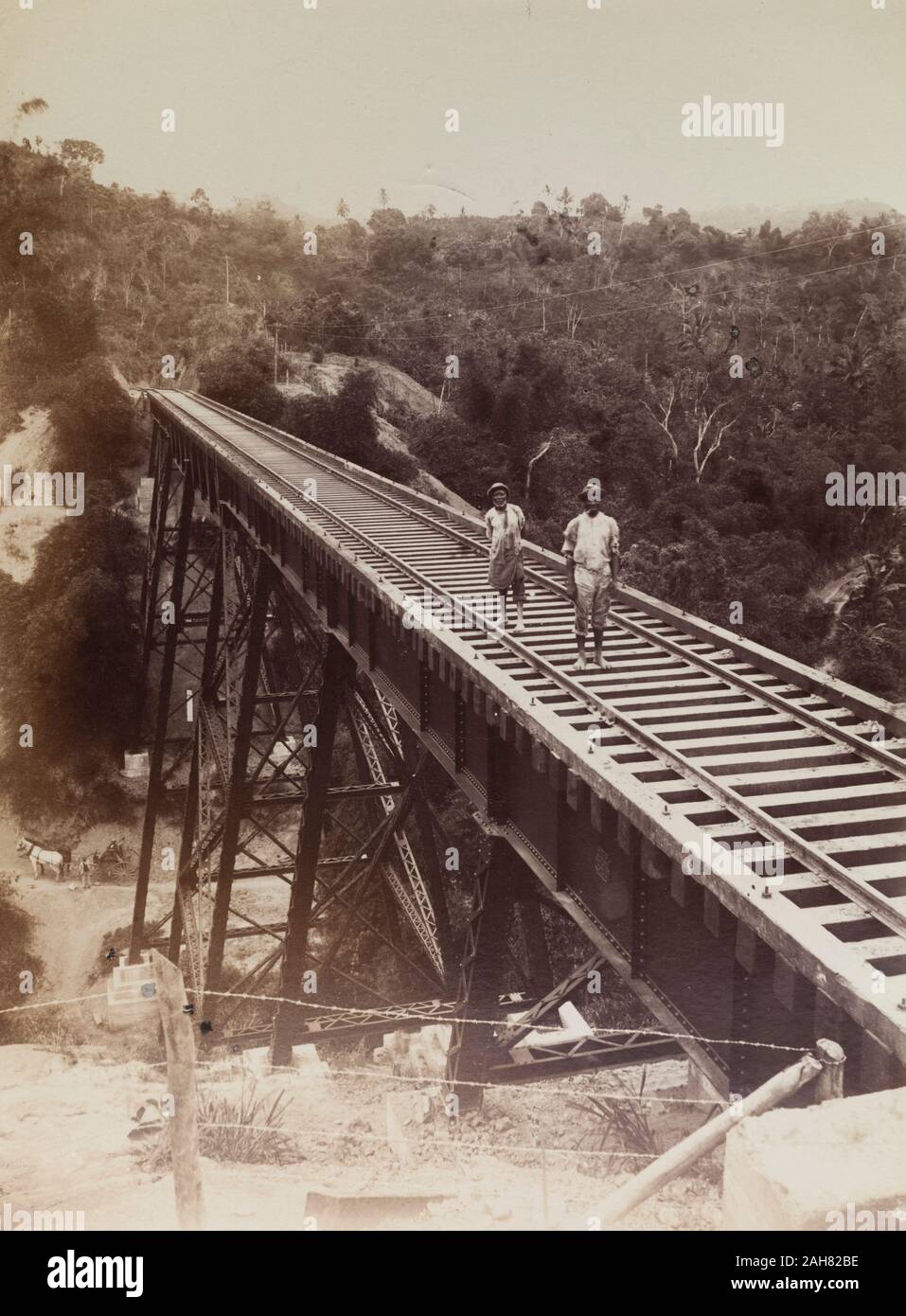 Jamaica, Two men stand barefoot on a newly completed trestle bridge ...