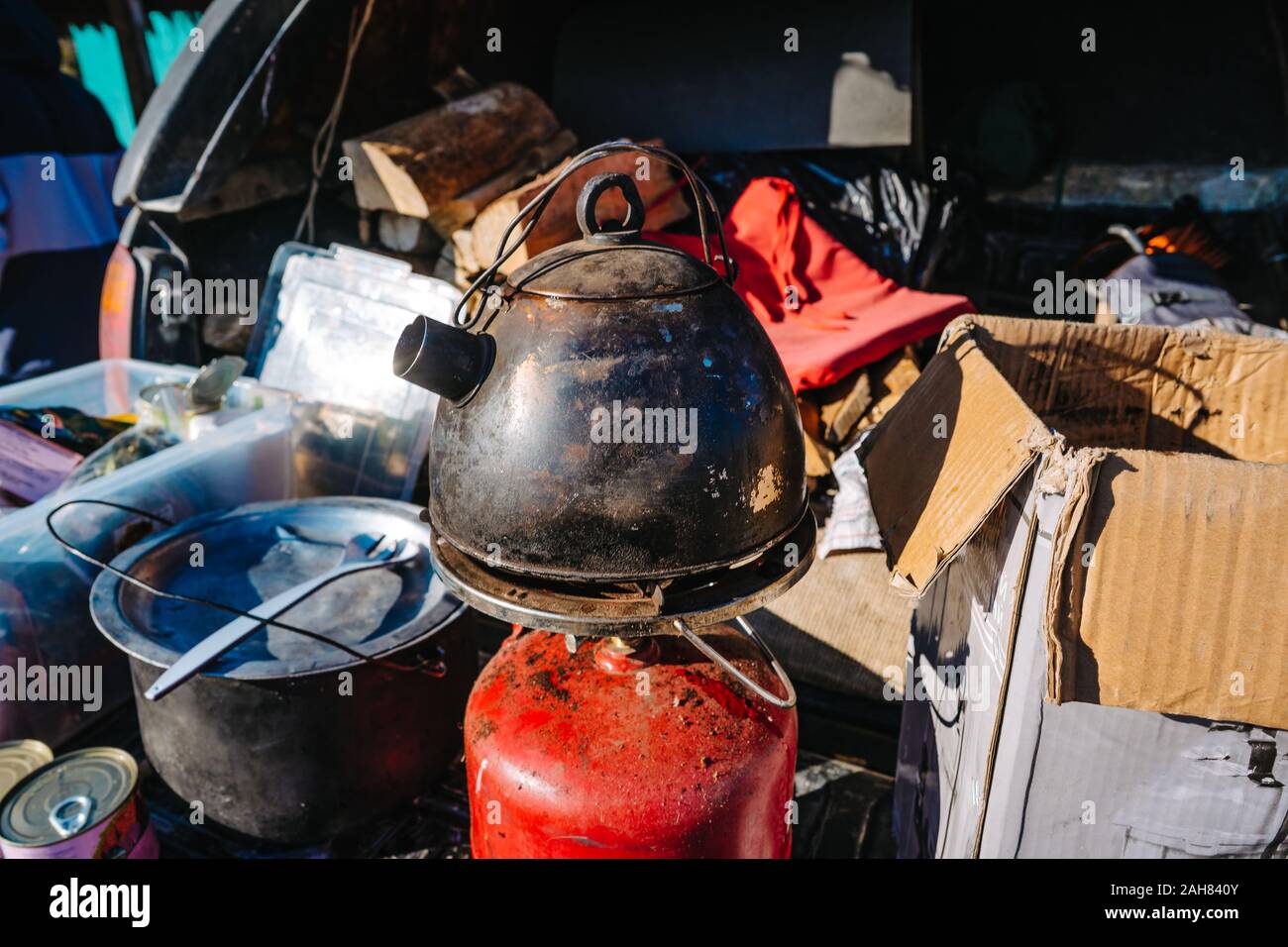 Water Boiling on burner, cooking food outdoor on gas jet Stock Photo ...