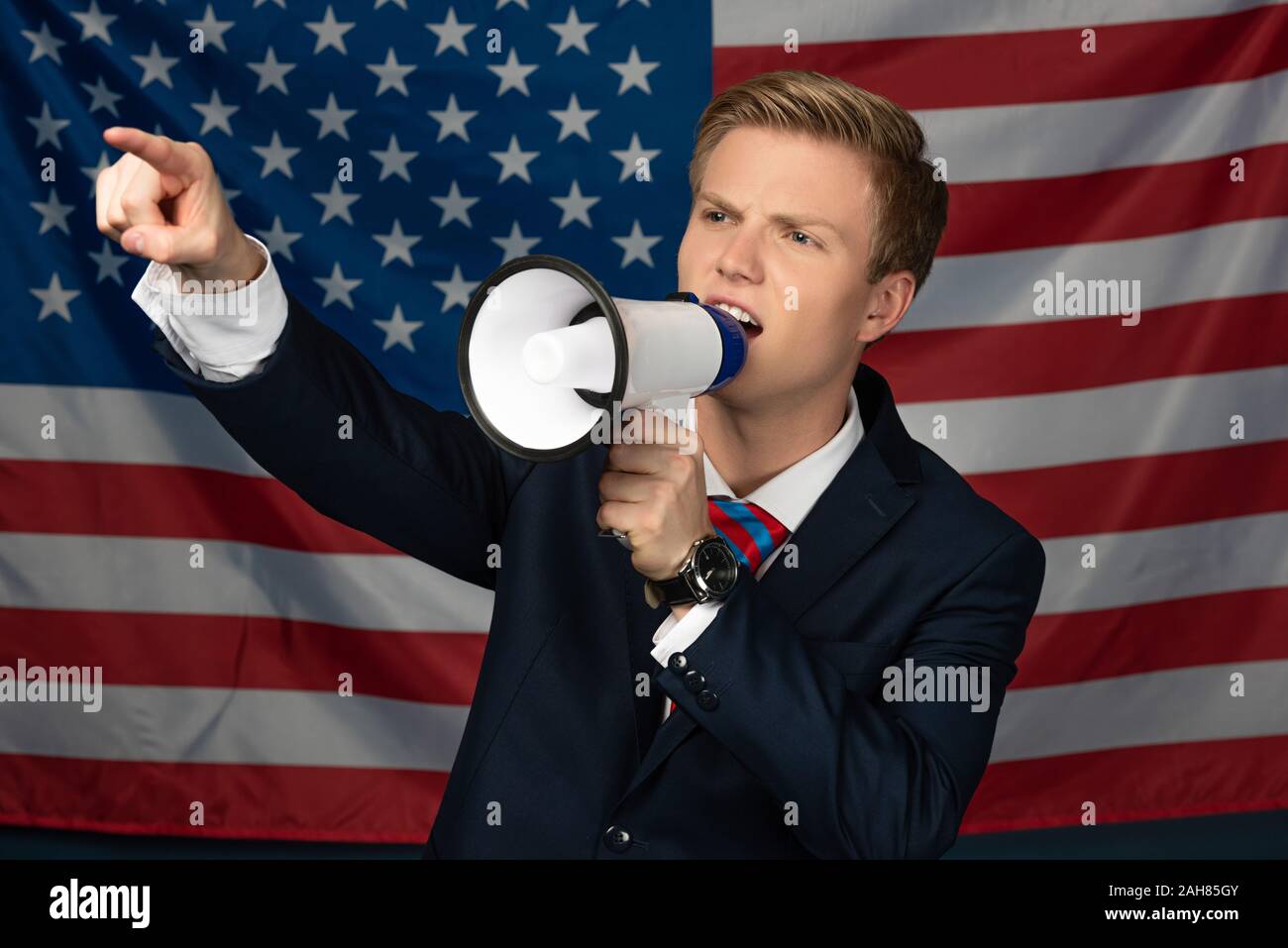KYIV, UKRAINE - OCTOBER 18, 2019: man imitating Donald Trump shouting ...