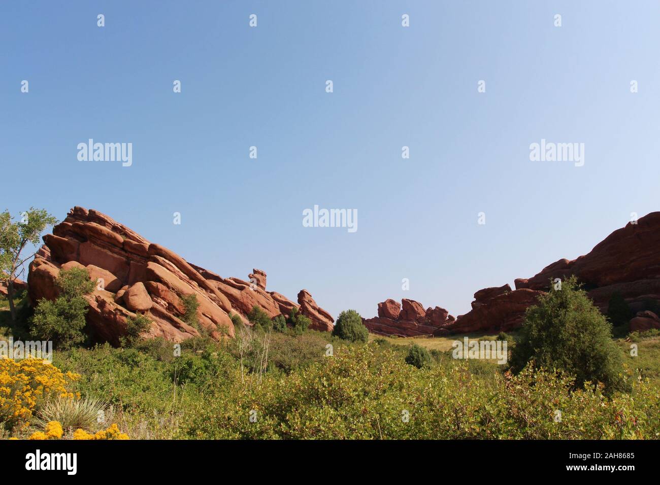 Red rock formations jutting out of the ground surrounded by shrubs ...