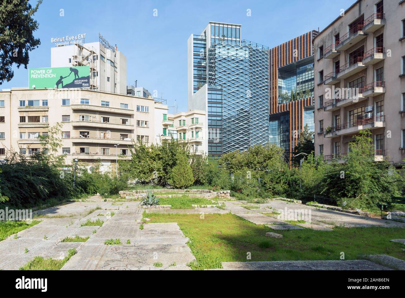 Outdoor Roman mosaic and modern buildings near Beirut National Museum ...
