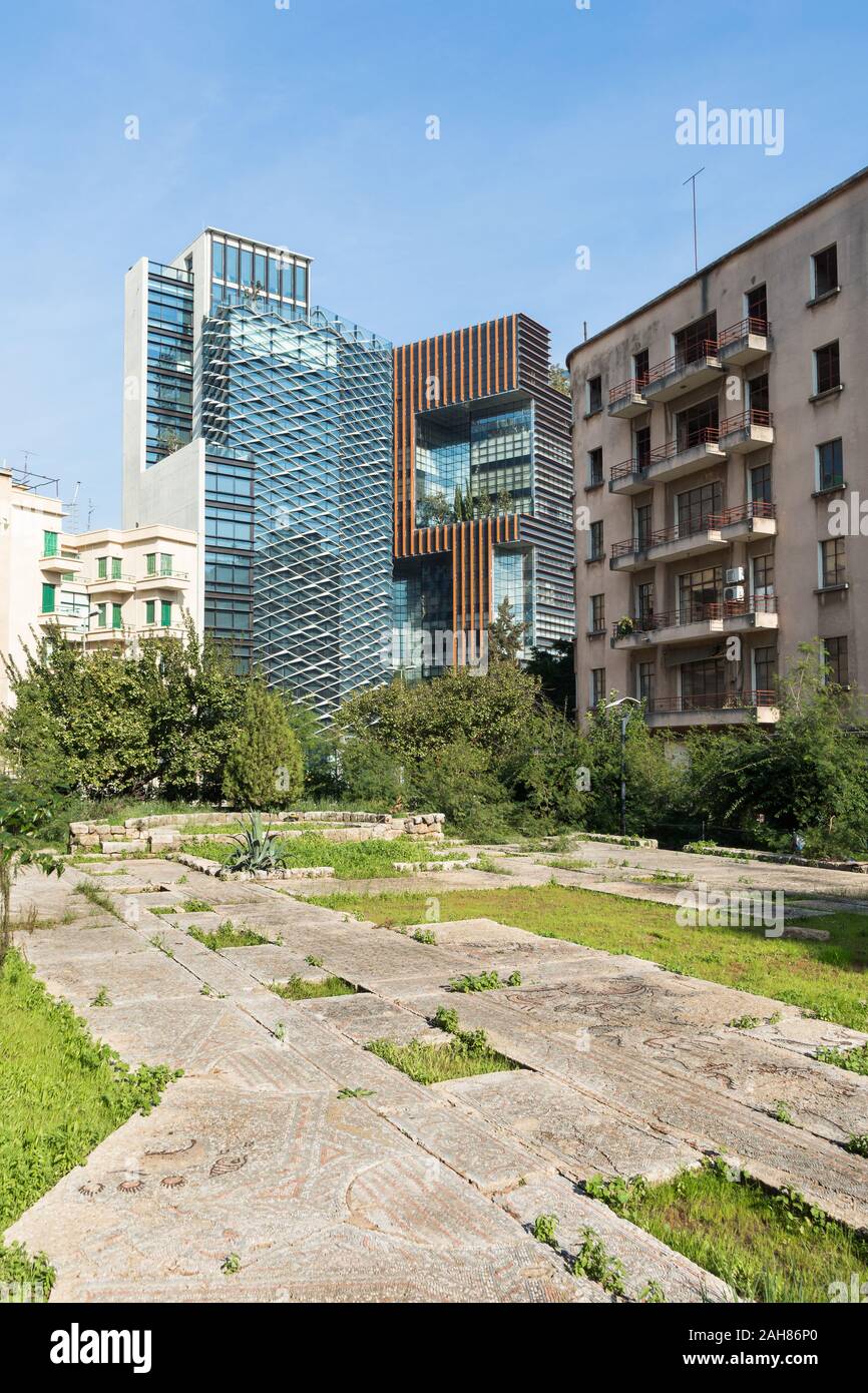 Outdoor Roman mosaic and modern buildings near Beirut National Museum ...