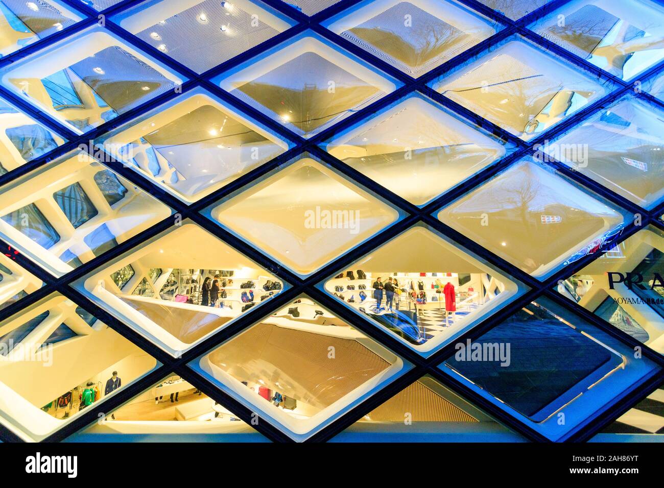 Prada 'epicenter' store in Aoyama district in Tokyo. A six story glass ...