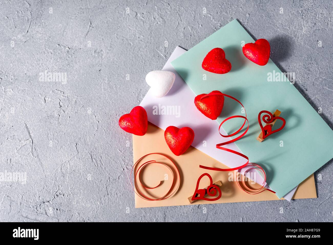 Valentine's day romantic abstract satin hearts and ribbon background ...