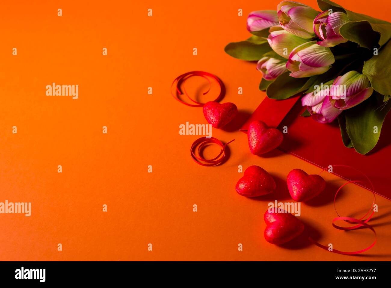 Valentine's day romantic abstract satin hearts and ribbon background ...