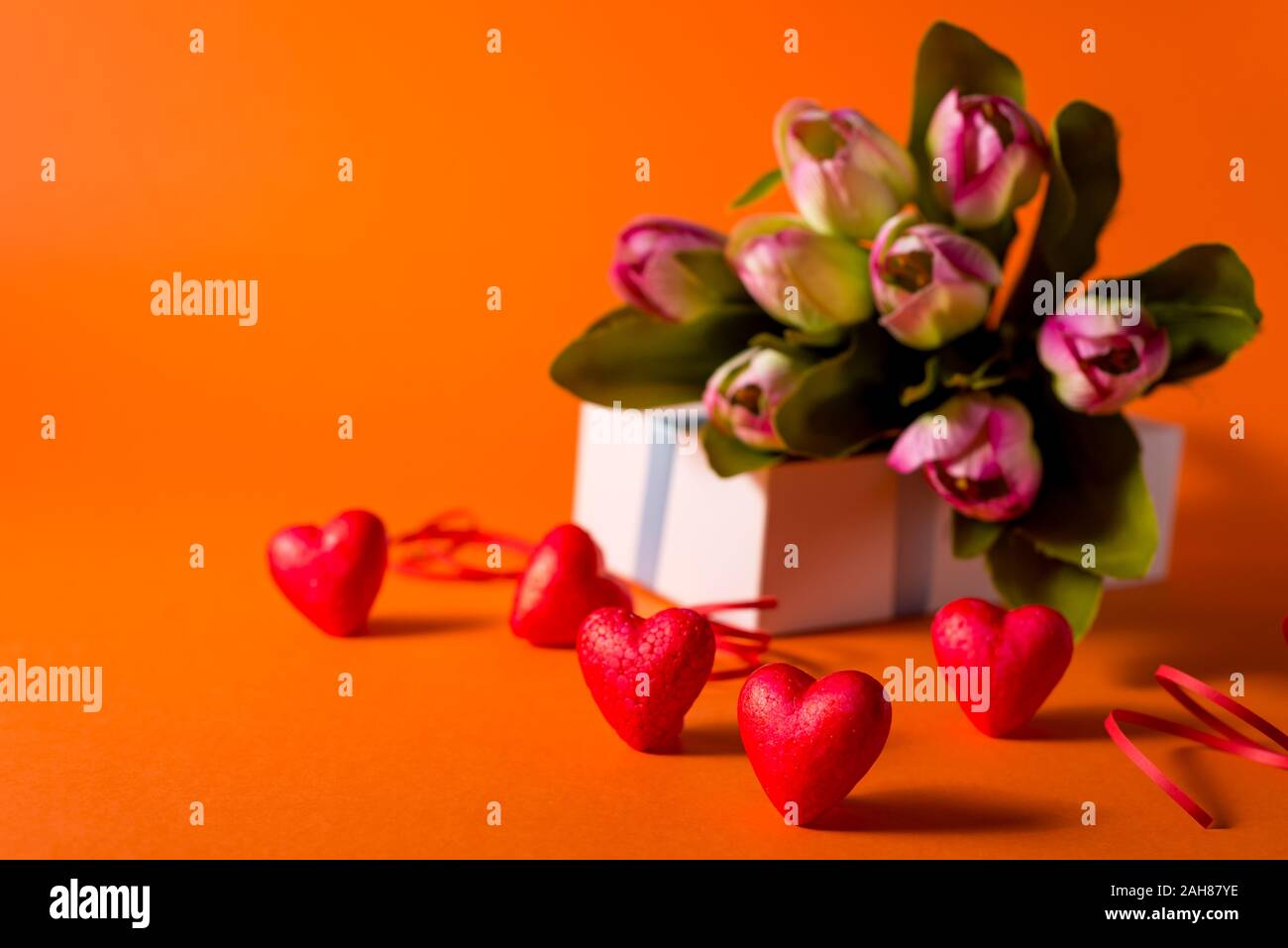 Valentine's day romantic abstract satin hearts and ribbon background ...