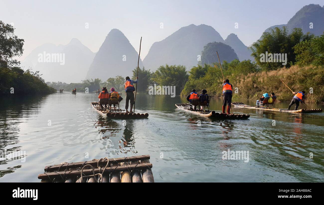 Bamboo Rafting at Yulong River, Yangshuo Guilin, Guangxi Provind, China ...